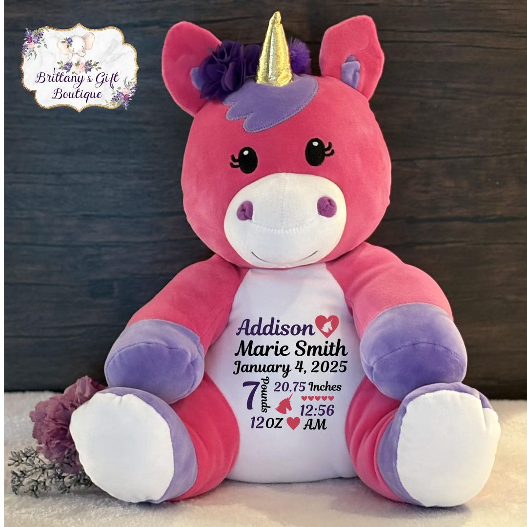 Unicorn Stuffed Animal, Birth Sats Plush, Girl Baby Shower Gift, New ...