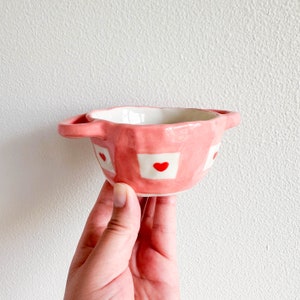 Small Bowl With Handles, Handmade Ceramic, Pink and Red Heart, Glossy ...