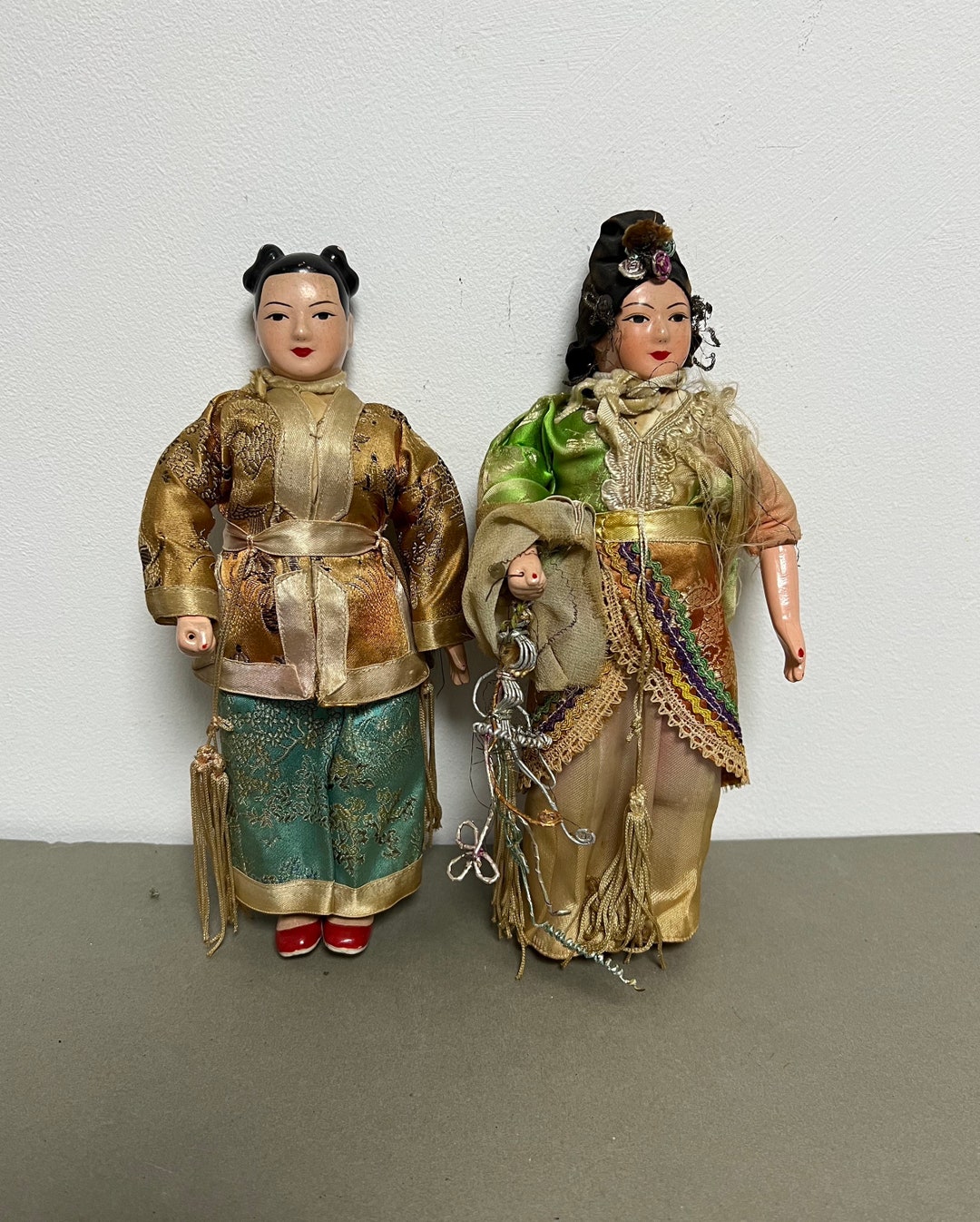 Vintage Pair Oriental Composition Dolls, Ornate Costumes, Chinese Opera ...