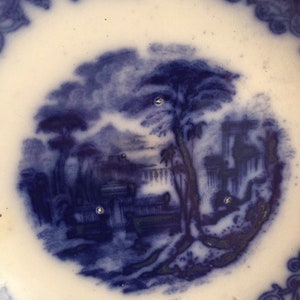 Antique Victorian Flow Blue Transferware Pottery Bowl - Unusual Exotic ...