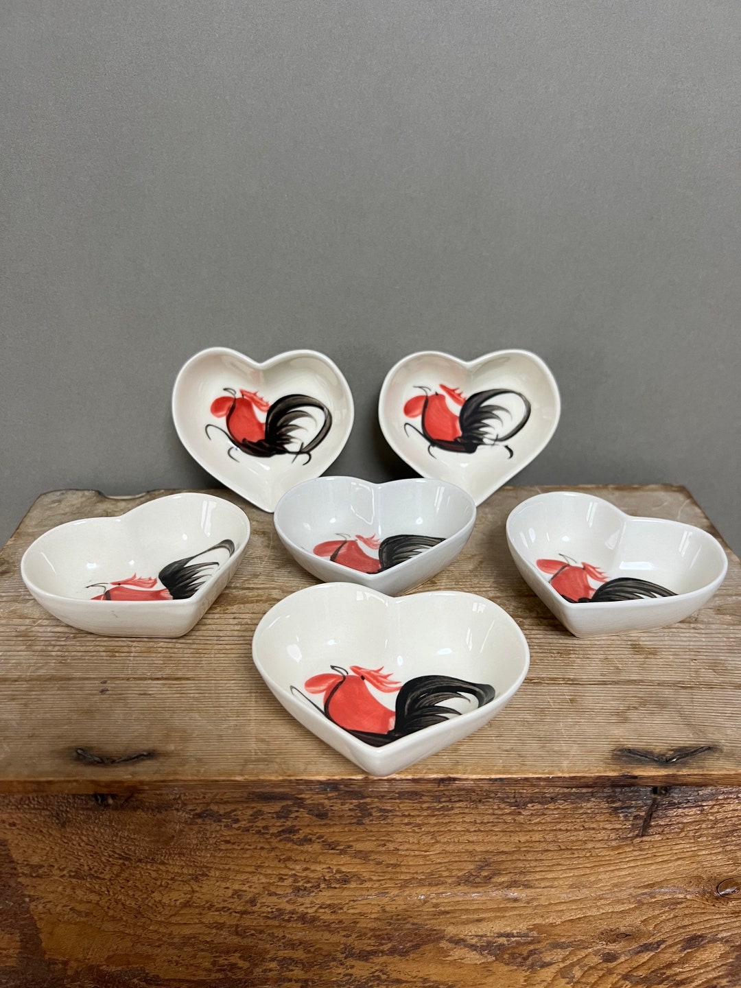 Set 6 Vintage Heart Shaped Chinese, Asian Rooster Bowls, Hand Painted ...
