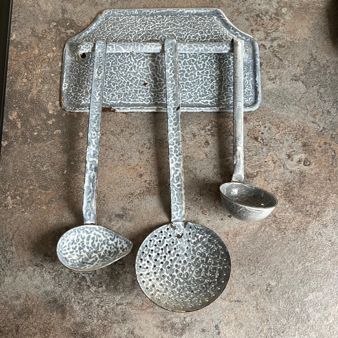 Vintage Grey and White Marbled Enamel Kitchen Ladles, Strainer, With ...