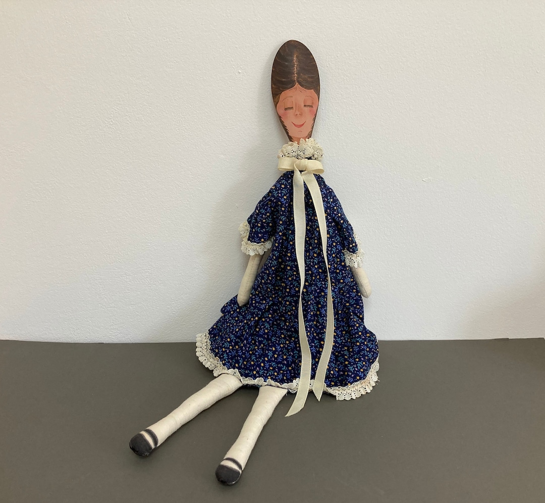 Vintage Hand Made Folk Art Wooden Spoon Doll, Painted Face, Ditsy Print ...