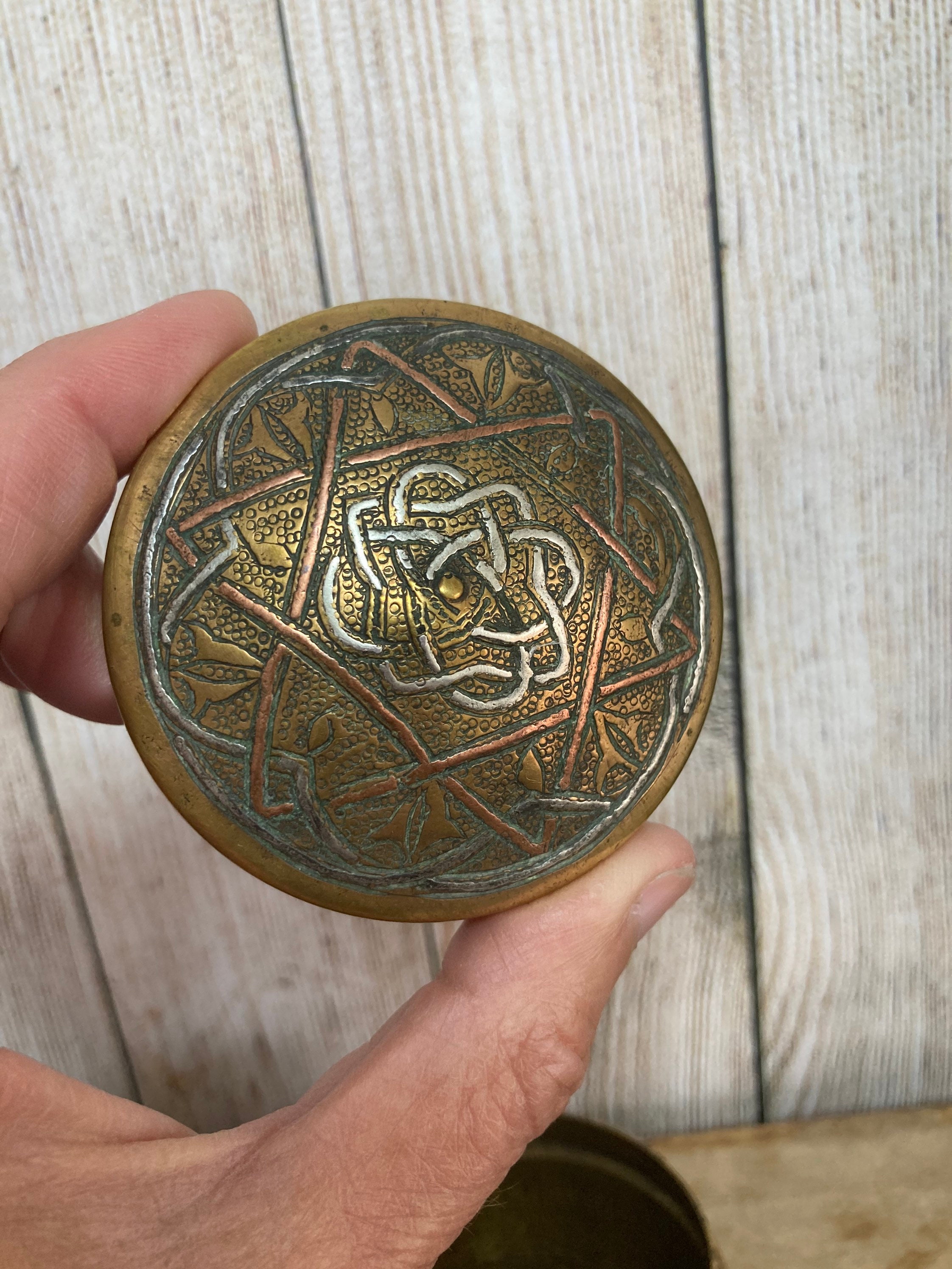 Vintage Cairo Ware Circular Brass Trinket Box, Inlaid Silver Vintage Cairo Ware Circular Brass Trinket Box, Inlaid Silver