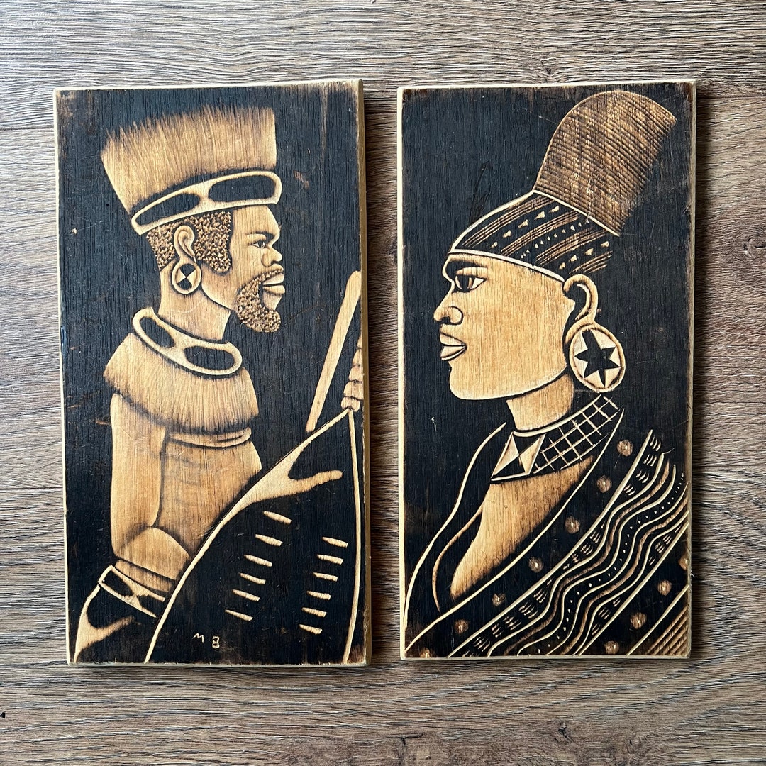 Vintage African Wooden Plaques, Zulu Warrior and Woman, Hand Drawn ...