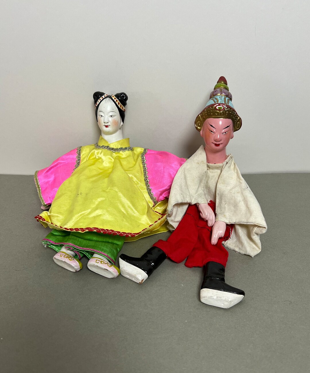 Pair Vintage Chinese Opera Puppets, Dolls, Man and Woman, Hand Painted ...