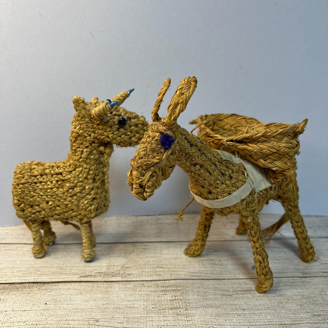 Vintage Woven Straw, Rattan Figures, Bull & Donkey, Spanish Folk Art ...