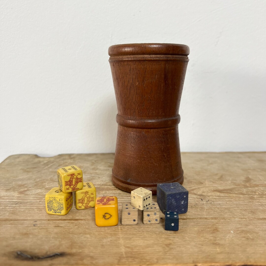 Vintage Turned Wooden Dice Shaker and Assortment of Dice - Plastic ...