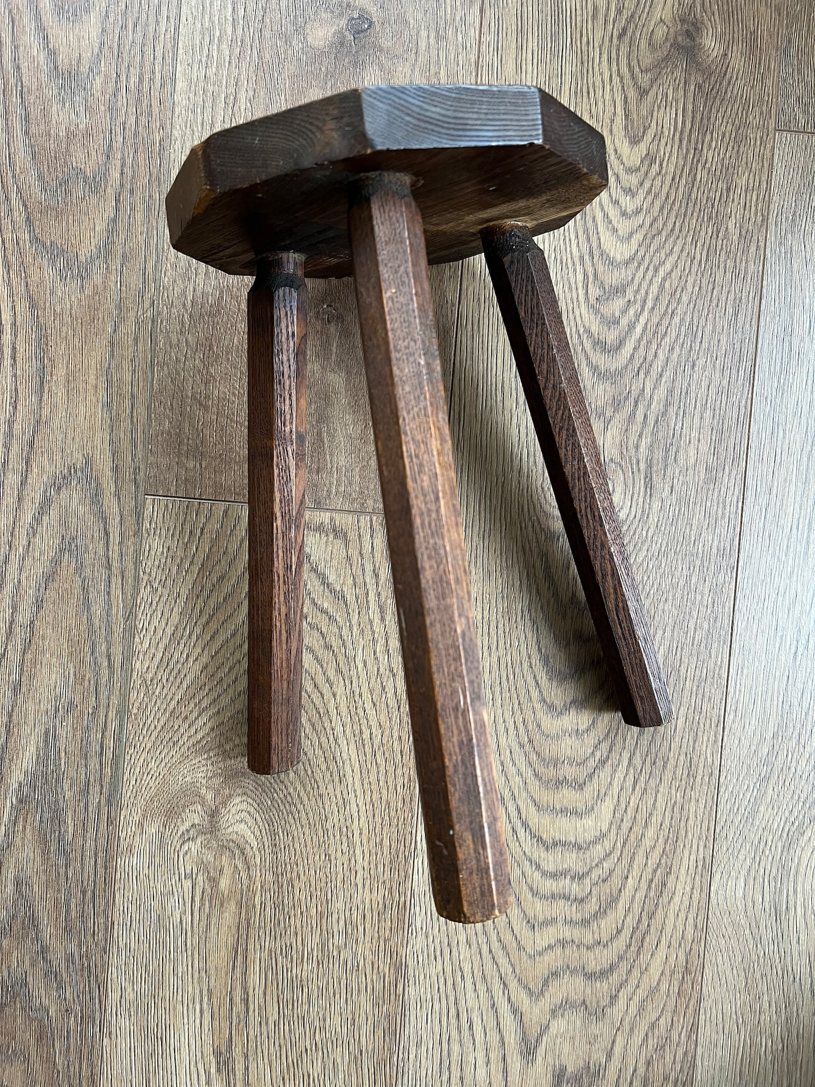 Vintage Carved Wooden Small Stool, Three Legs, Nine Sided, Rustic Plant ...
