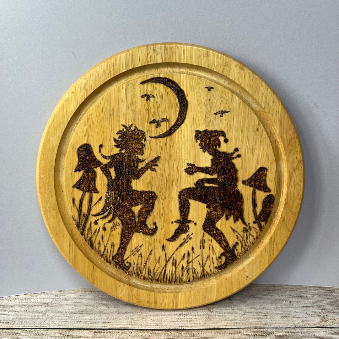 Vintage Wooden Platter, Serving Board, Pyrography Fairies Dancing in ...