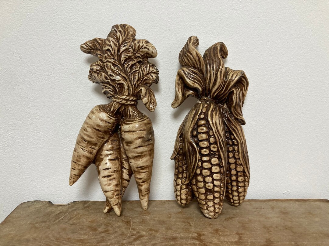 Pair Vintage Chalkware, Plaster Vegetable Wall Plaques, Carrots and ...