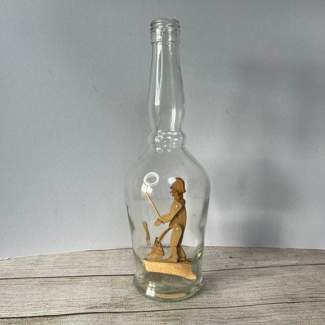 Vintage Wooden Folk Art Whimsey, Whimsy Figure in a Glass Bottle ...