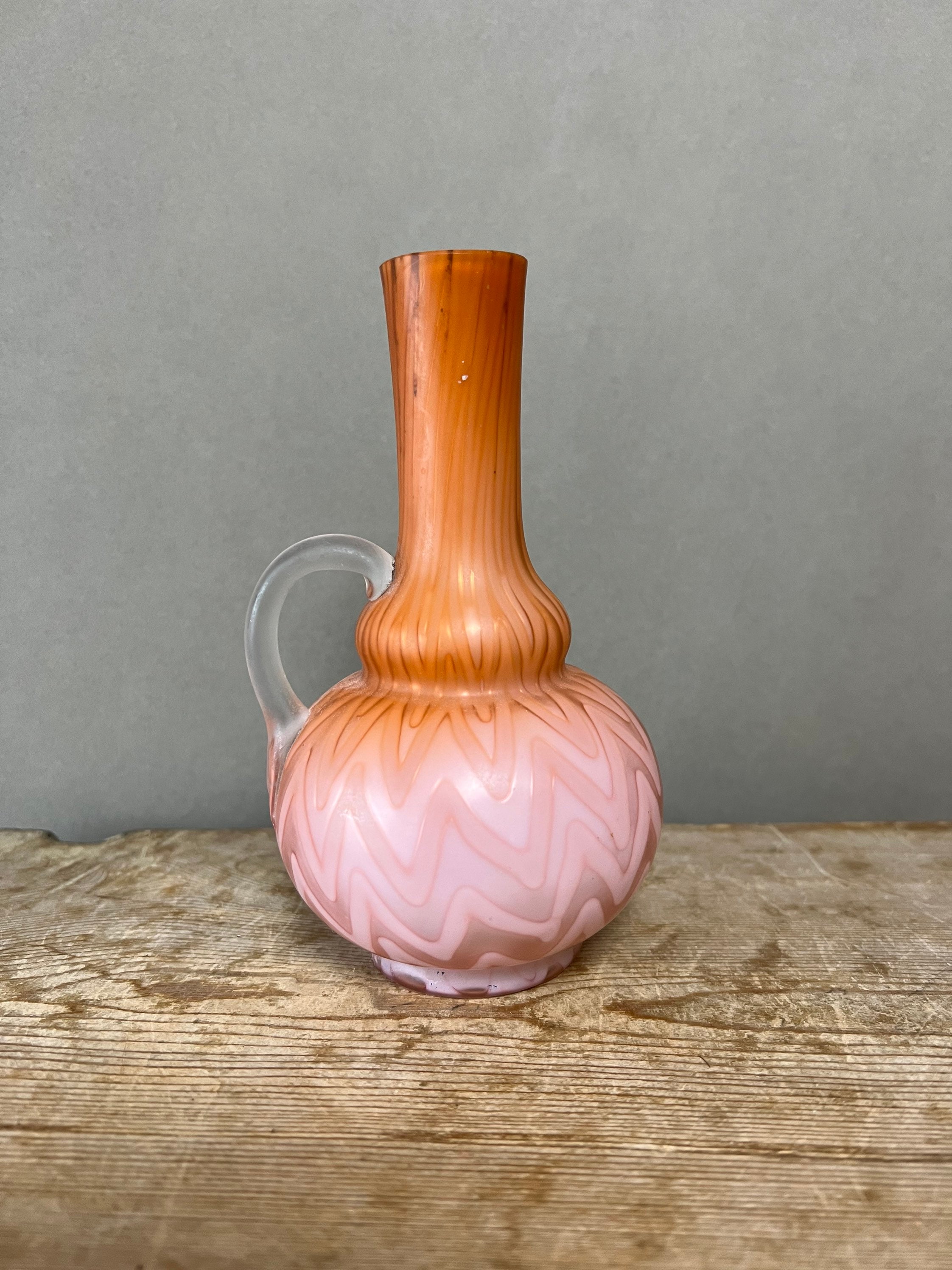 Antique Victorian Pink Satin Glass Ewer Vase: Chevron Pattern, 15.5cm ...