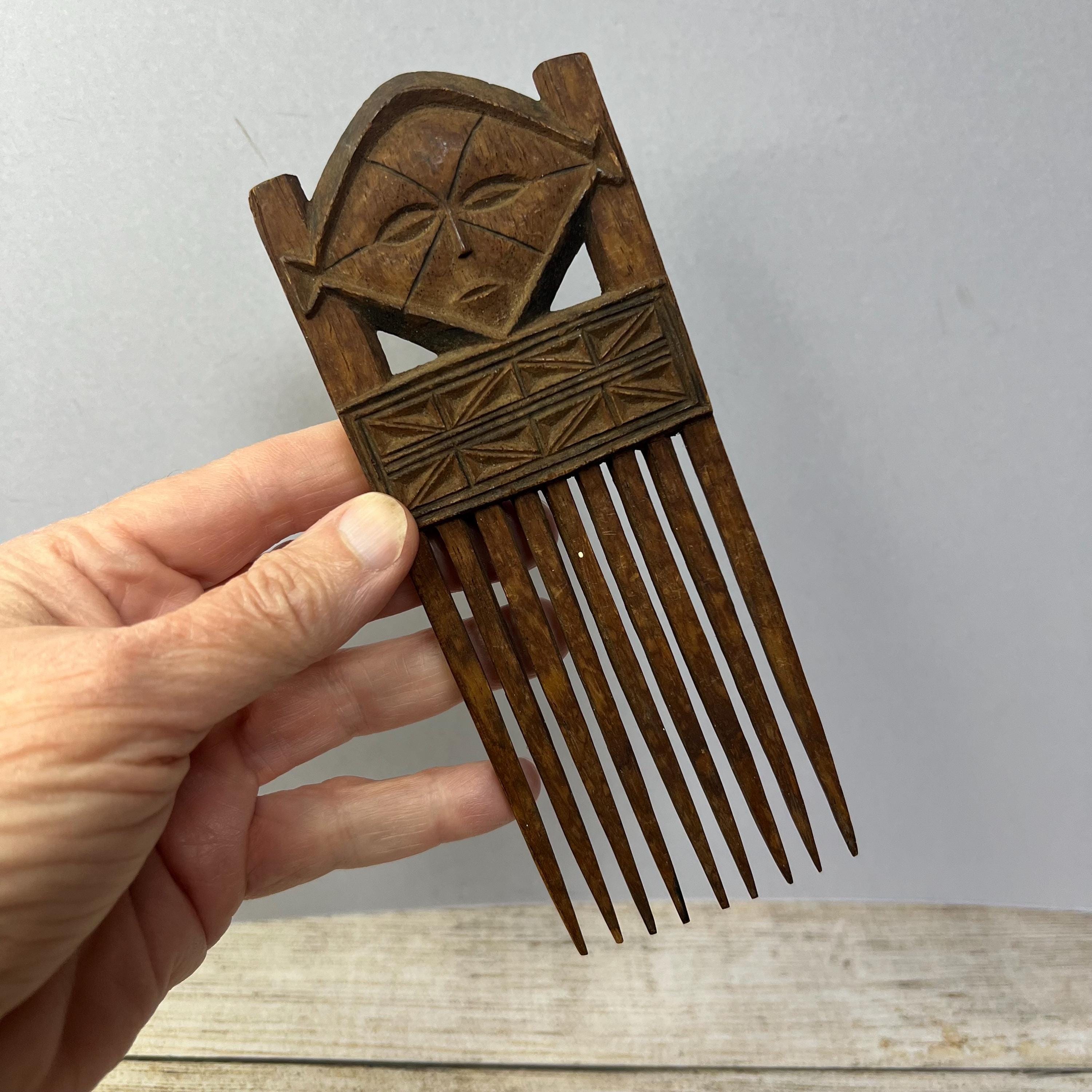 Vintage Carved Wooden African Hair Comb, Pick, Geometric Face, Mask ...