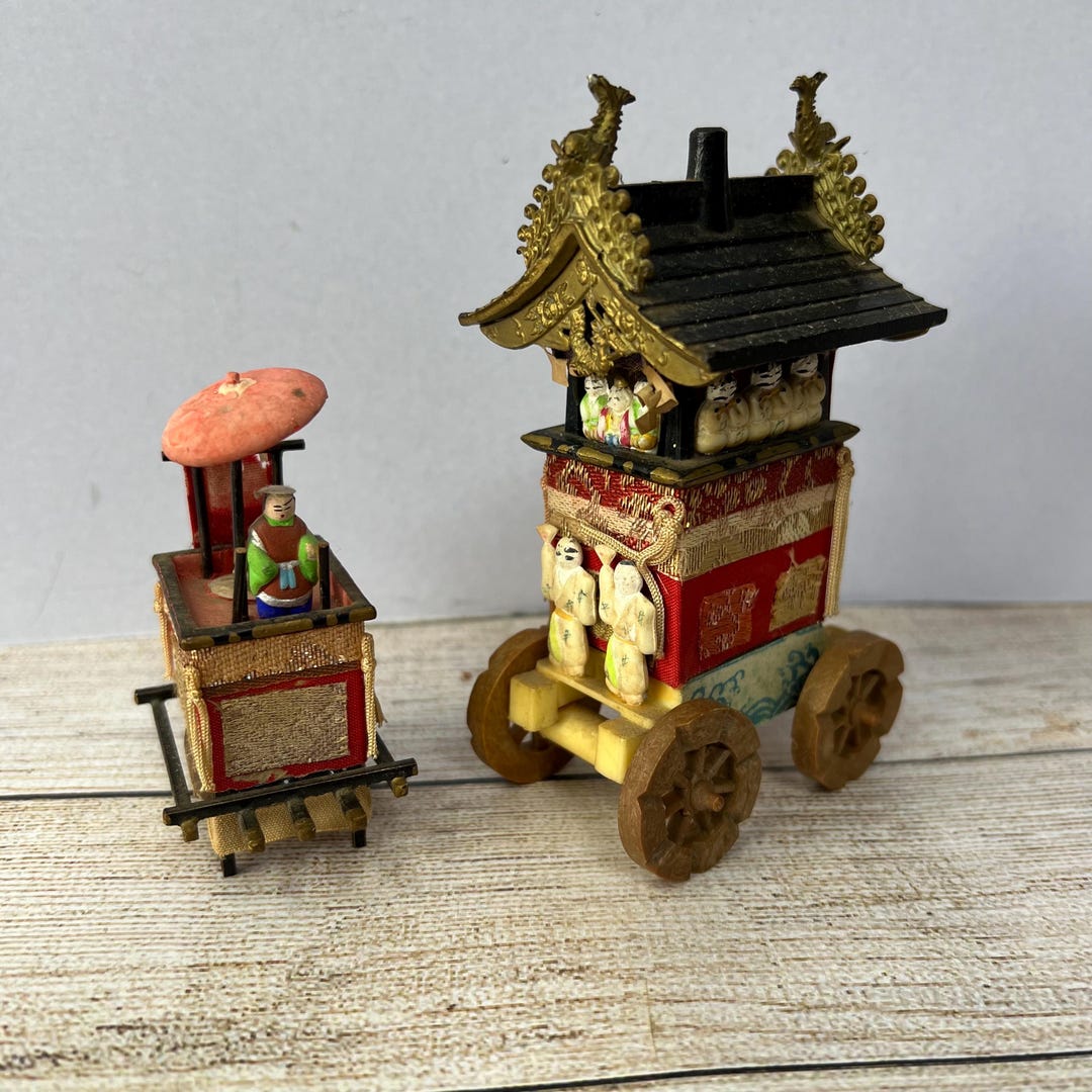 Two Vintage Miniature Japanese Figurines, Oriental Ceremonial Cart ...