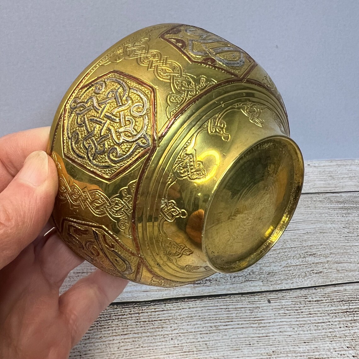 Vintage Cairo Ware Brass Bowl, Inlaid Silver and Copper Metal Details ...