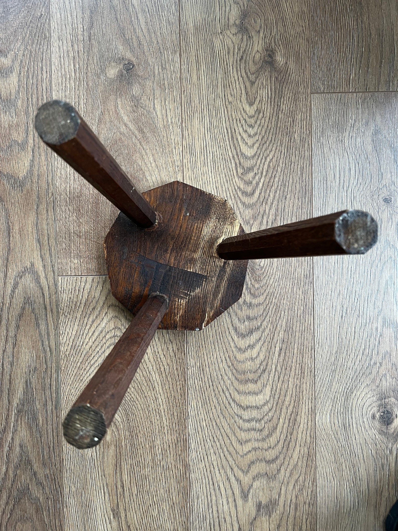 Vintage Carved Wooden Small Stool, Three Legs, Nine Sided, Rustic Plant ...