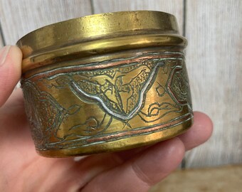 Vintage Cairo Ware Circular Brass Trinket Box, Inlaid Silver Vintage Cairo Ware Circular Brass Trinket Box, Inlaid Silver