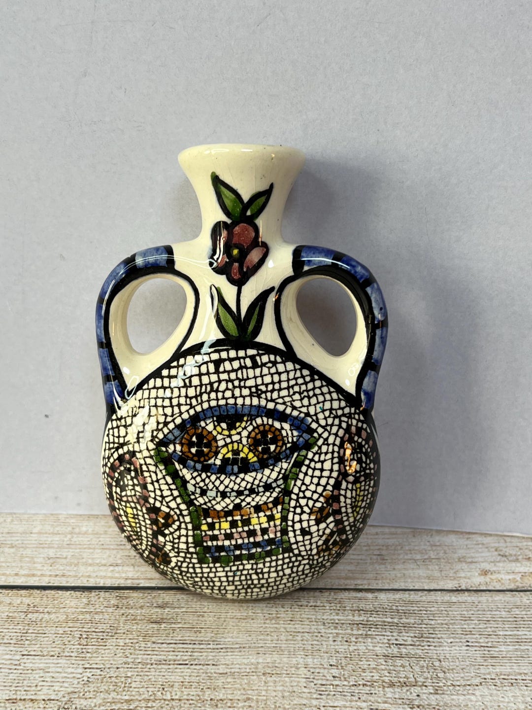 Vintage Armenian Art Pottery Pilgrim Flask, Hanging Vase, Jerusalem ...