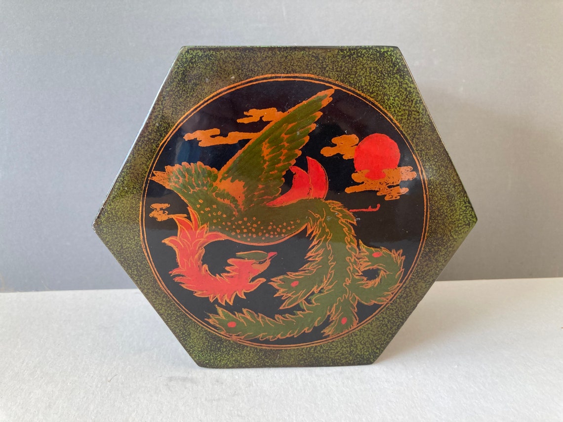 Vintage Chinese Lacquered Papier Mache Box Hexagonal Phoenix | Etsy UK