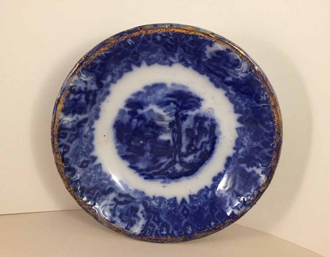 Antique Victorian Flow Blue Transferware Pottery Bowl - Unusual Exotic ...