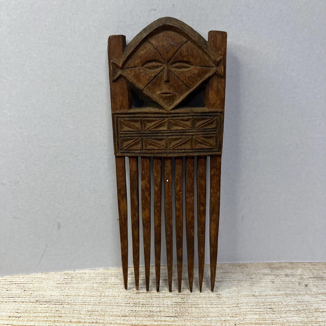 Vintage Carved Wooden African Hair Comb, Pick, Geometric Face, Mask ...