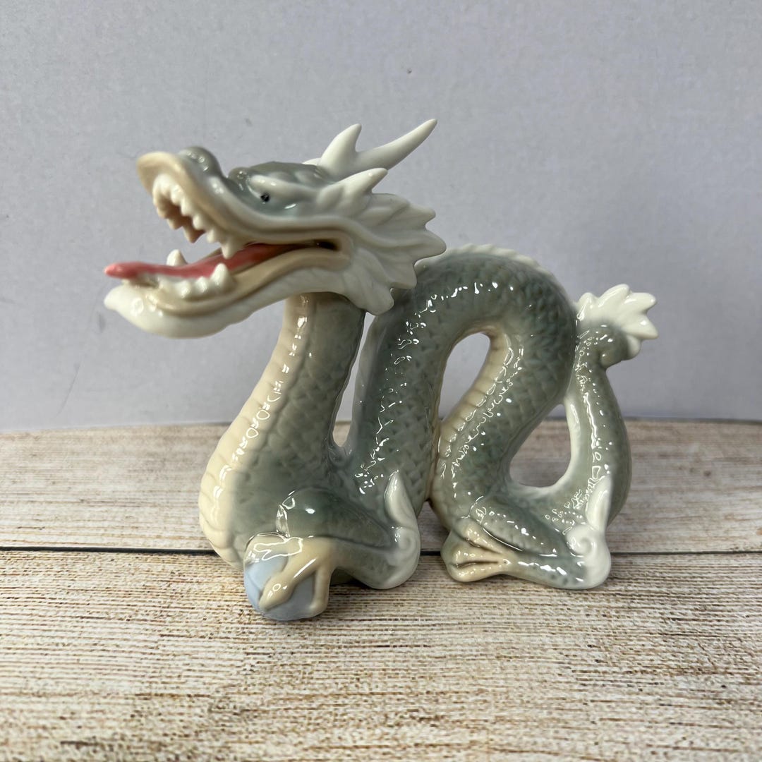 Vintage Japanese Porcelain Dragon Figurine, With Pearl, Grey & White ...