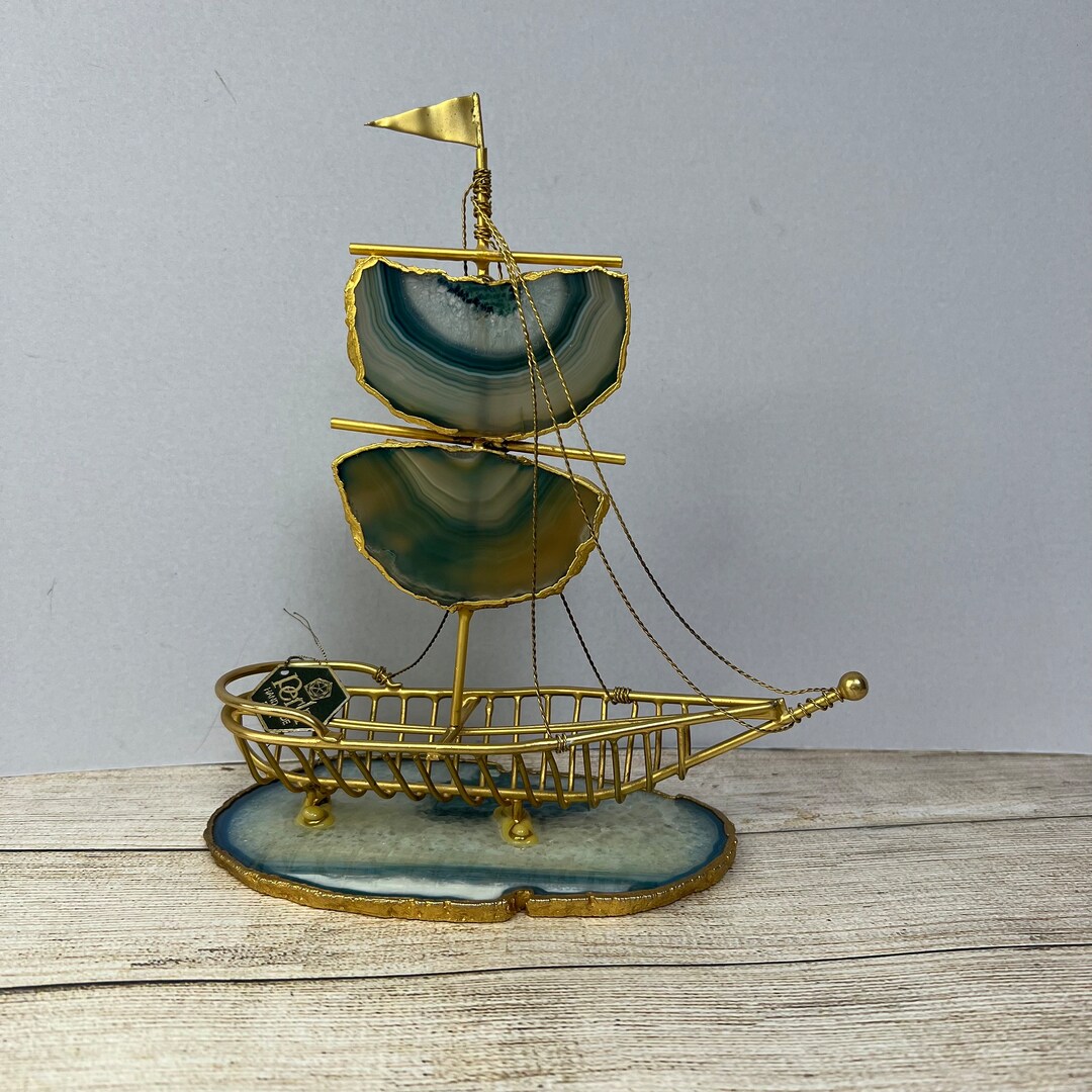 Unusual Model Sailing Ship Sculpture, Figurine, Blue Agate and 24K Gold ...