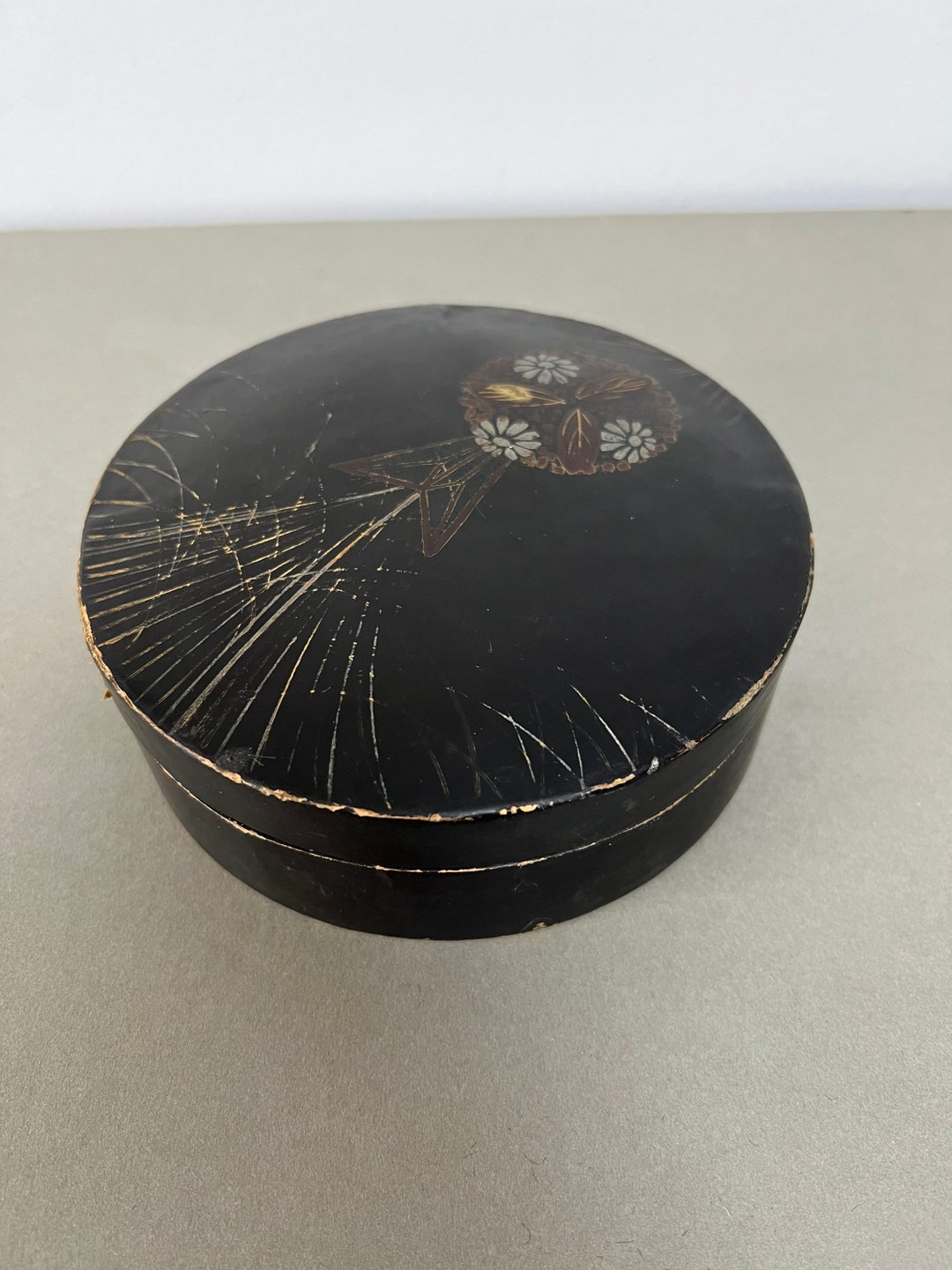 Vintage, Antique Japanese Black Lacquer Papier Mache Box, Hand Painted ...
