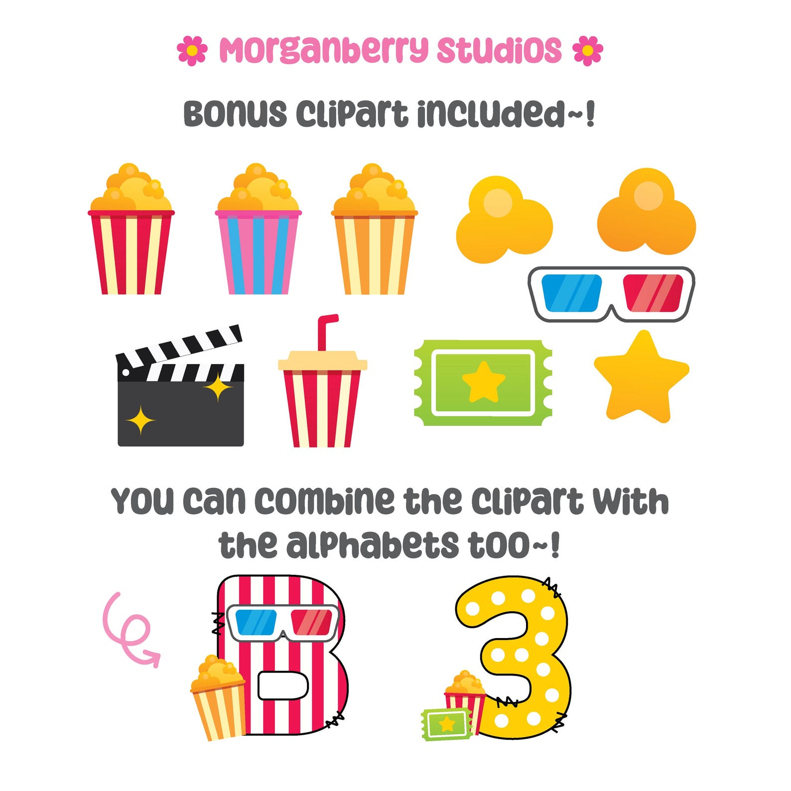 Popcorn Alphabet Clipart, Carnival Alphabet A-Z, Movie Night Clipart ...