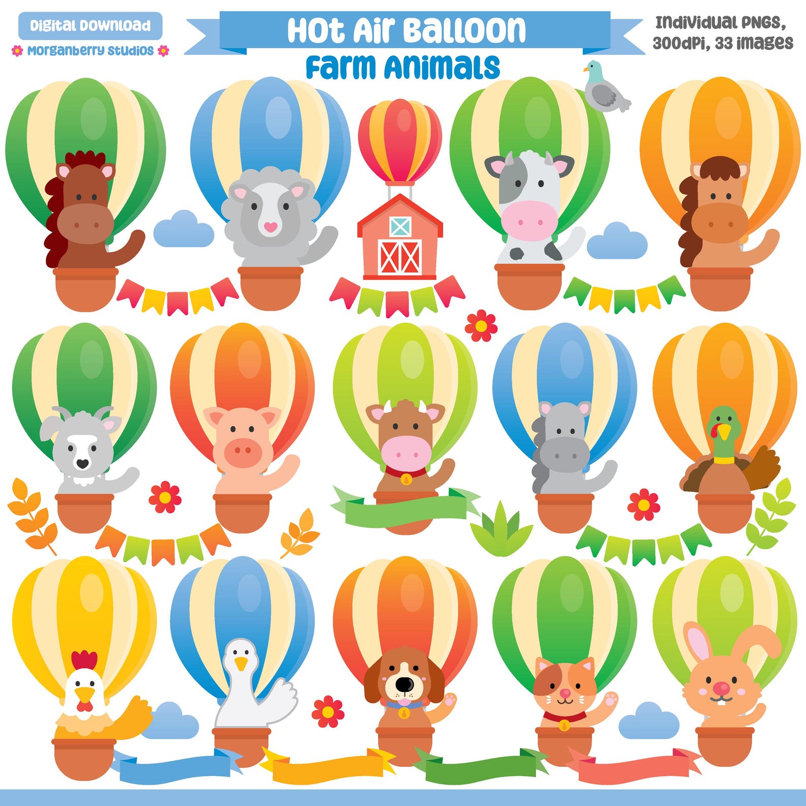 Farm Birthday Theme Clipart, Farm Animals Clipart, Hot Air Balloon ...