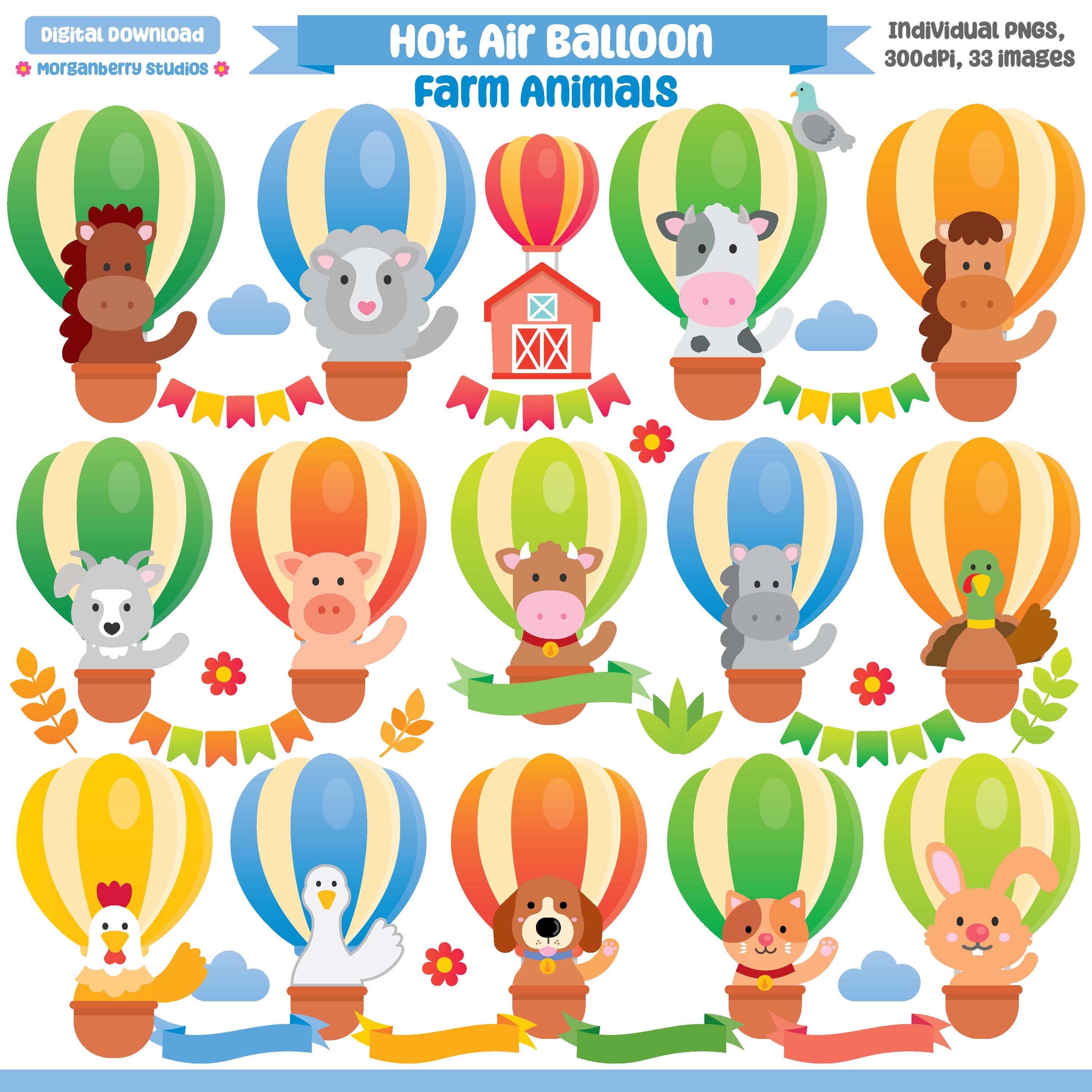 Farm Birthday Theme Clipart, Farm Animals Clipart, Hot Air Balloon ...