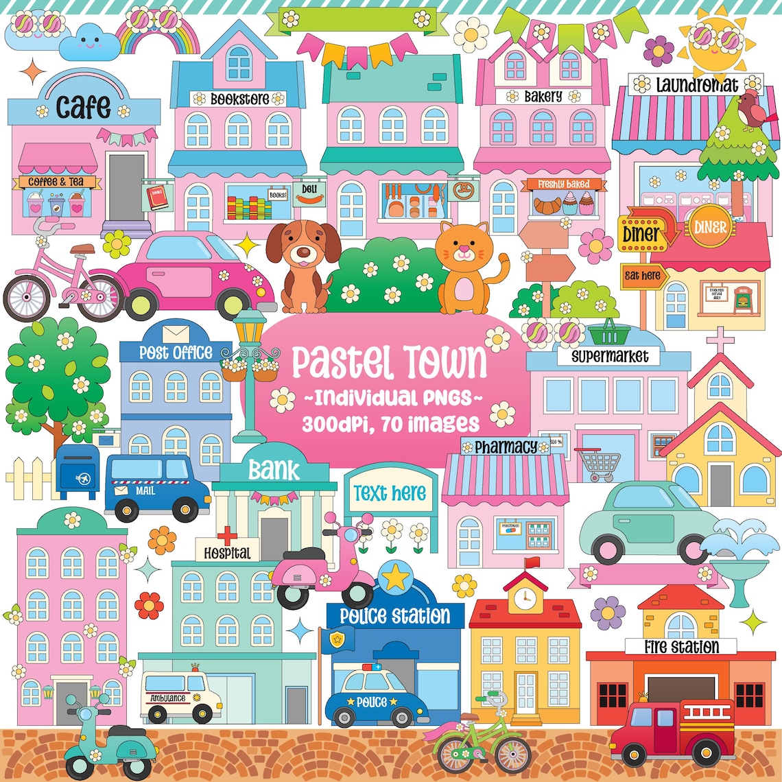 Cute Retro Town Creator Clipart Set, Pastel Town Creator Clipart Set ...