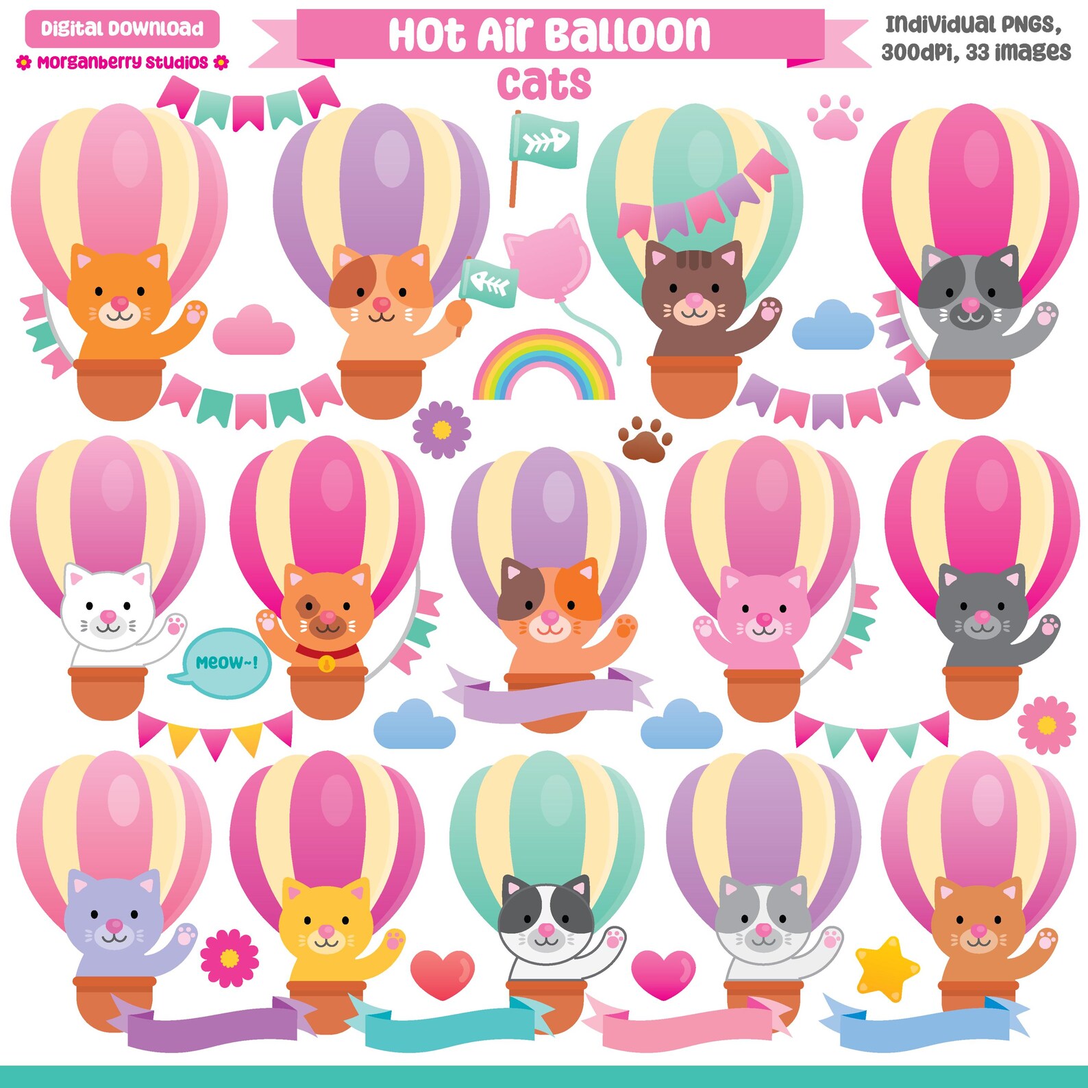 Cute Kittens Clipart, Kitten Birthday Clipart, Cats in Hot Air Balloon ...