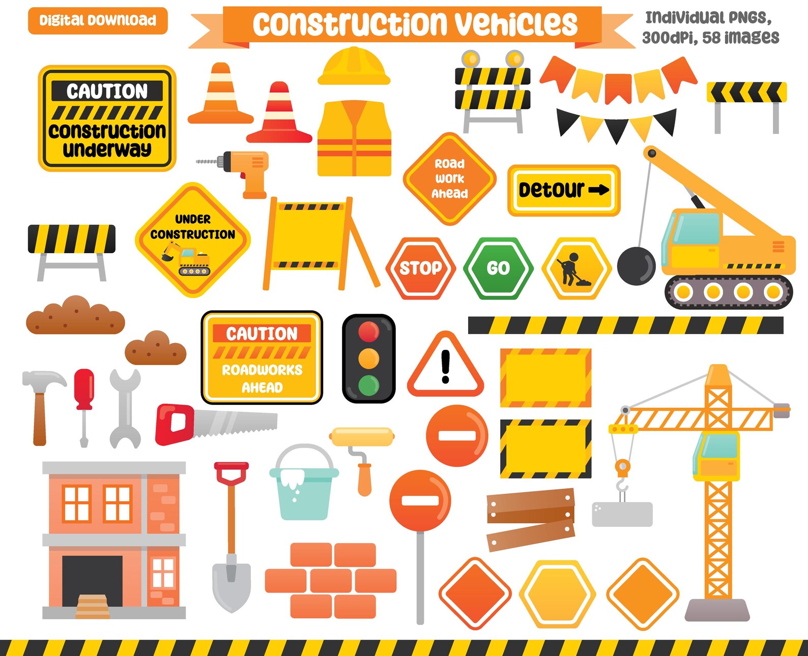 Cute Construction Birthday Clipart, Construction Vehicles Clipart, Dump ...
