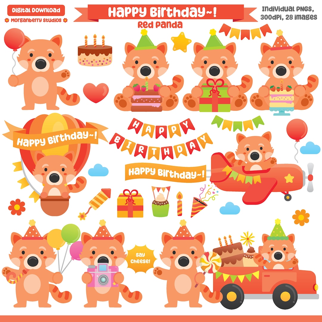 Cute Birthday Clipart, Cute Red Panda Birthday Stickers, Commercial ...