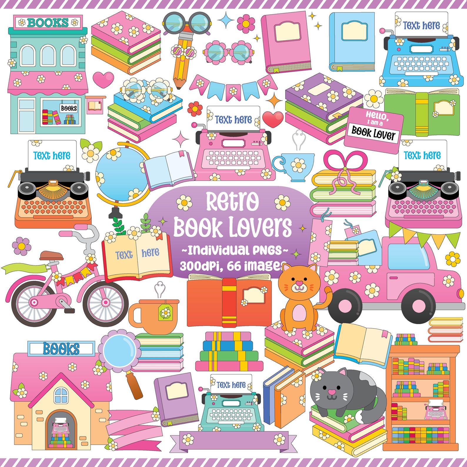 Retro Book Lover Clipart, Book Club Clipart, Vintage Books, Academia ...