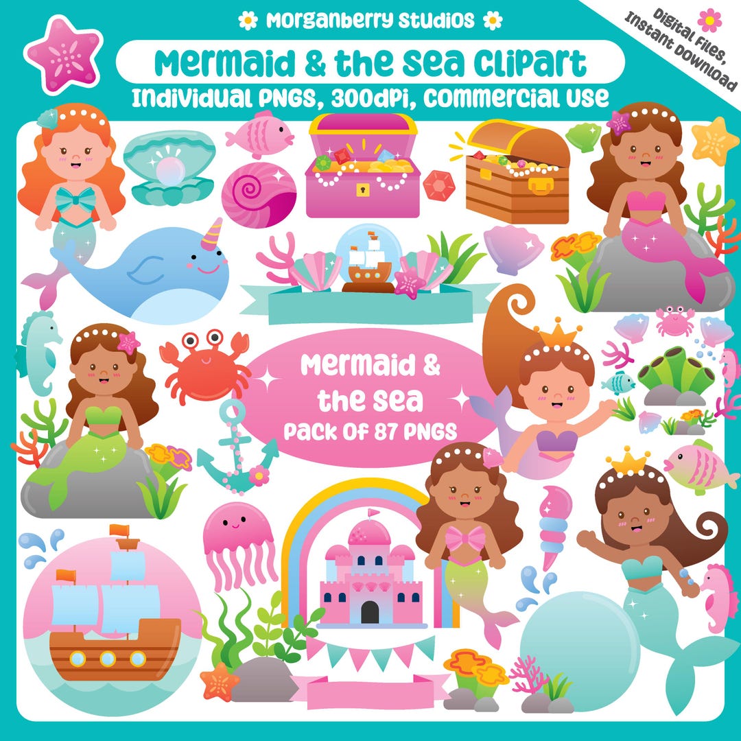 Cute Mermaid Clipart, Mermaid Party Decor Clipart, Mermaid Commercial ...