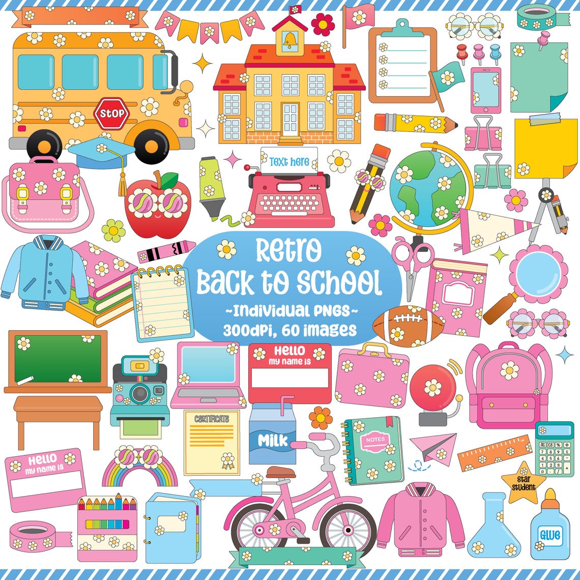 Retro Back to School Clipart, Retro School Clipart, Cute Groovy School ...