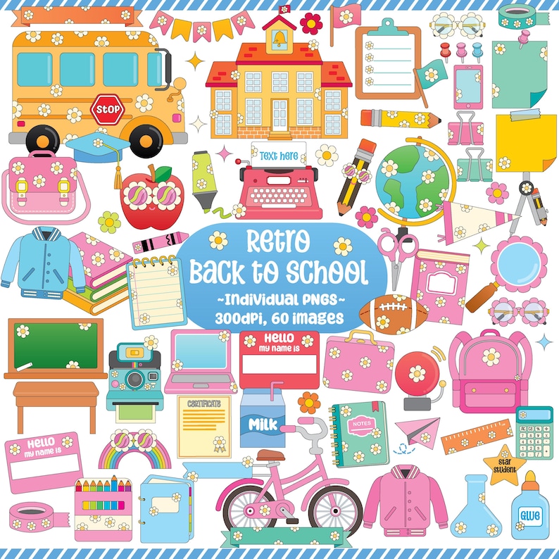 Retro Back to School Clipart, Retro School Clipart, Cute Groovy School ...