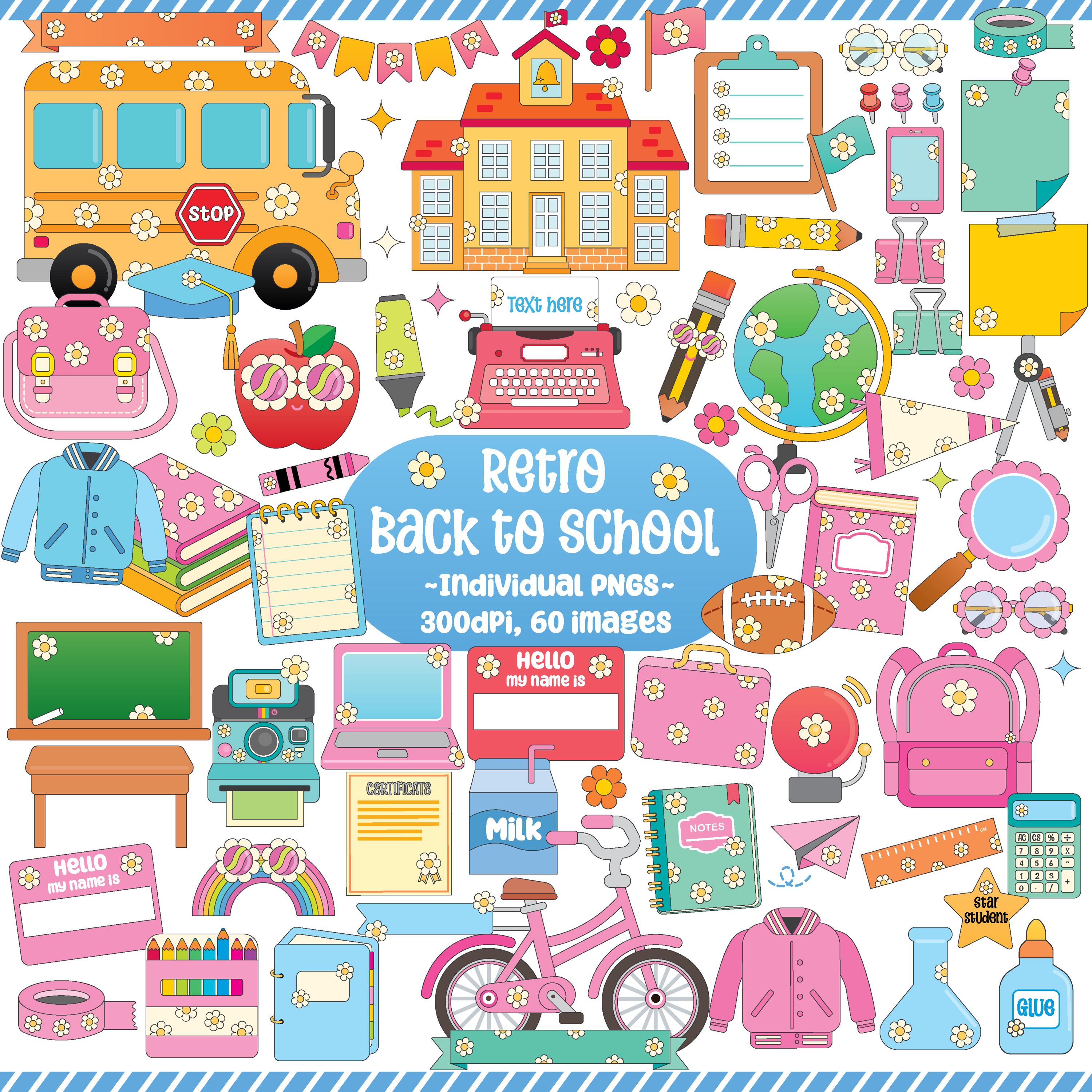 Retro Back to School Clipart, Retro School Clipart, Cute Groovy School ...