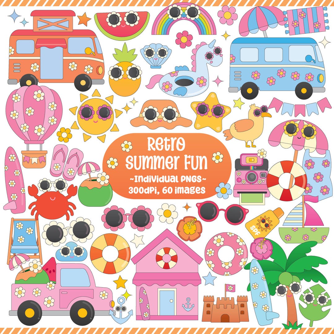 Retro Summer Clipart, Cute Summer Clipart, Beach Clipart, Summer ...