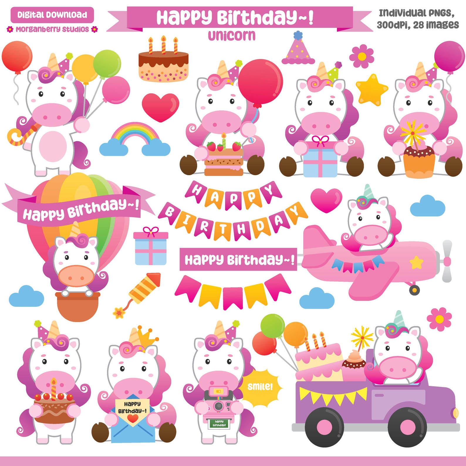 Cute Unicorn Birthday Clipart, Birthday Clipart, Unicorn Clipart ...