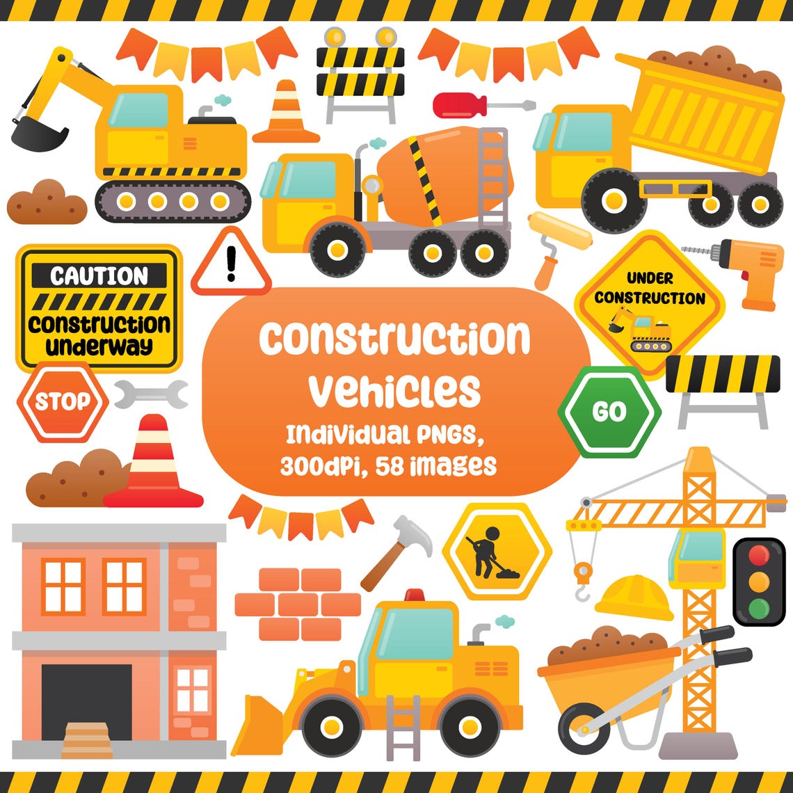 Cute Construction Birthday Clipart, Construction Vehicles Clipart, Dump ...