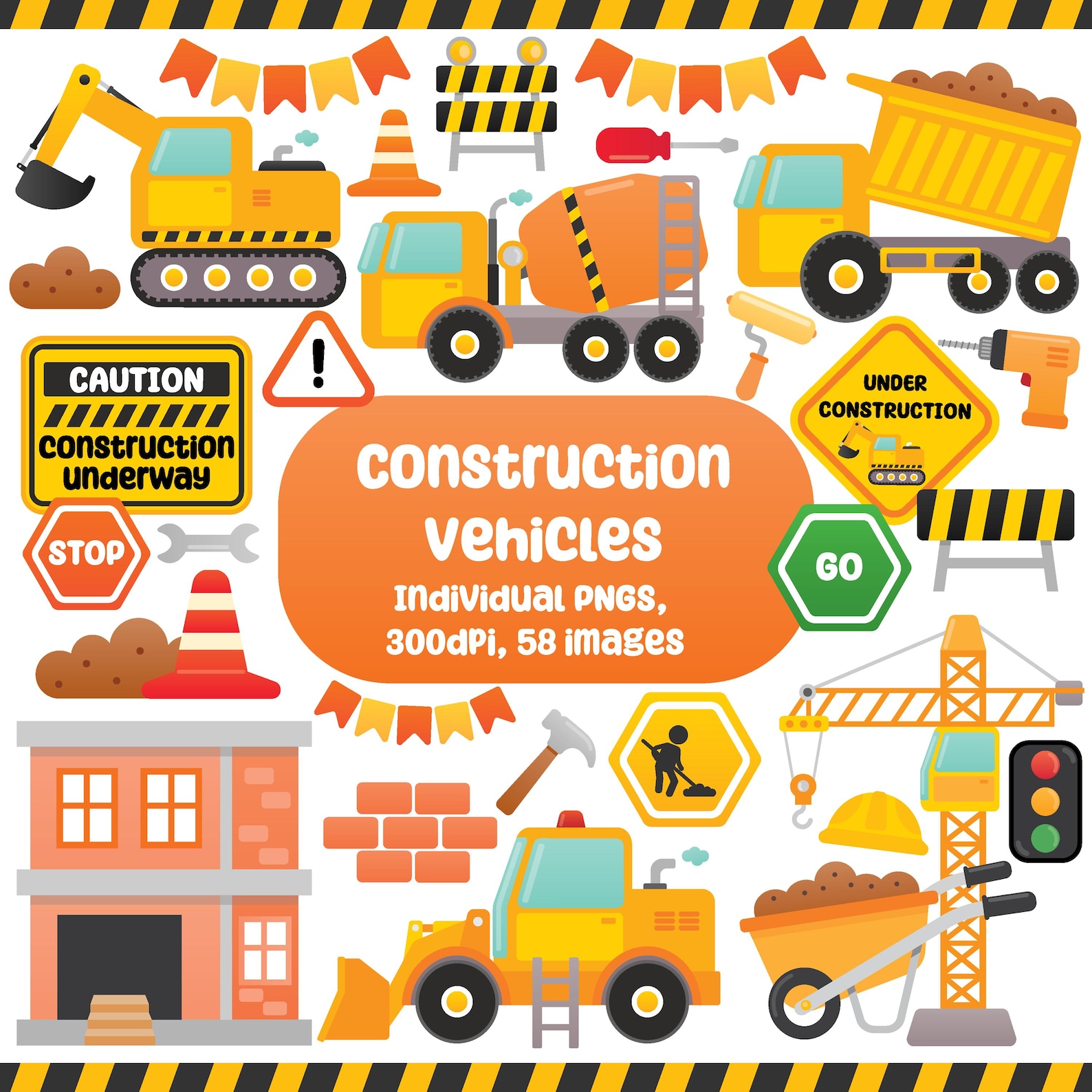 Cute Construction Birthday Clipart, Construction Vehicles Clipart, Dump ...