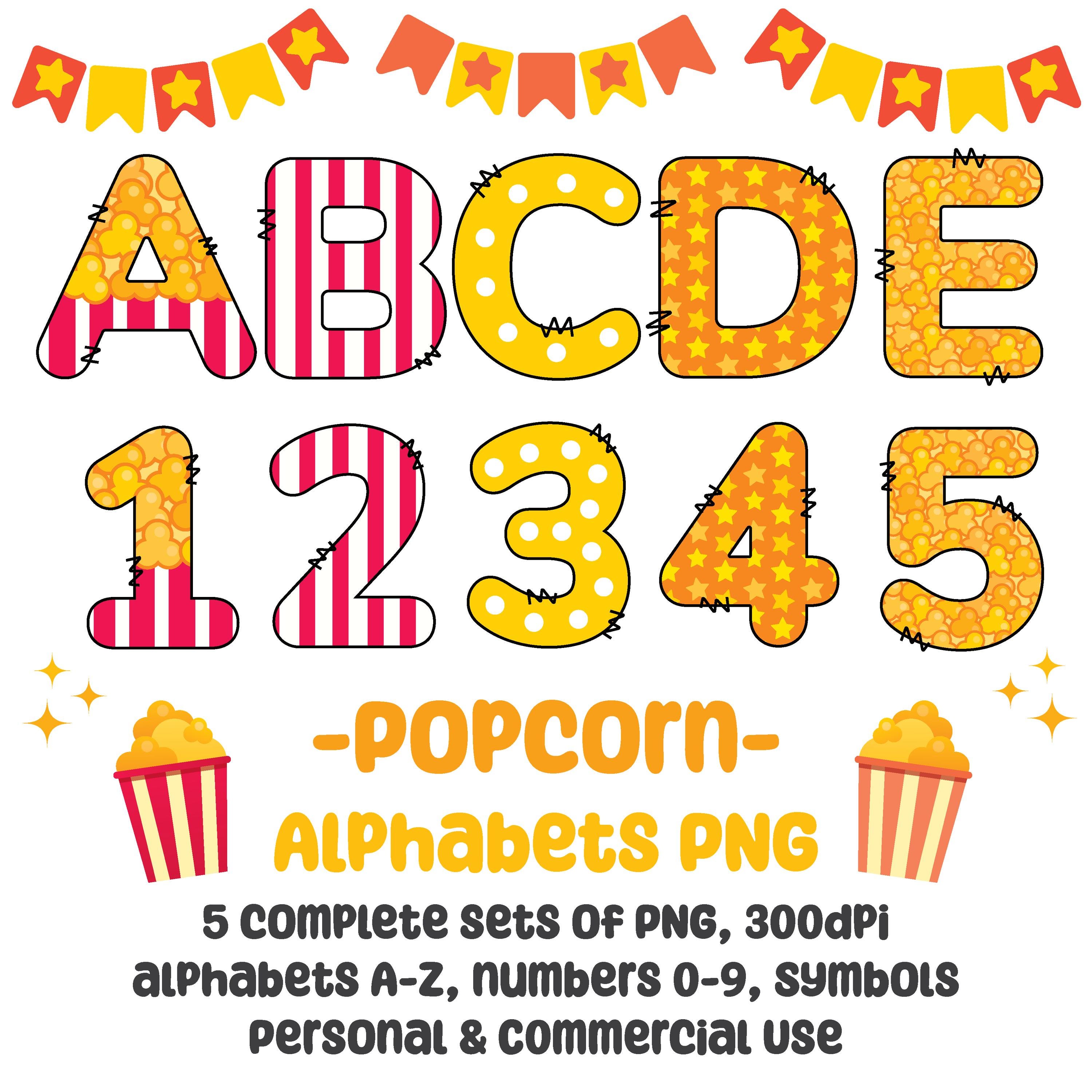 Popcorn Alphabet Clipart, Carnival Alphabet A-Z, Movie Night Clipart ...