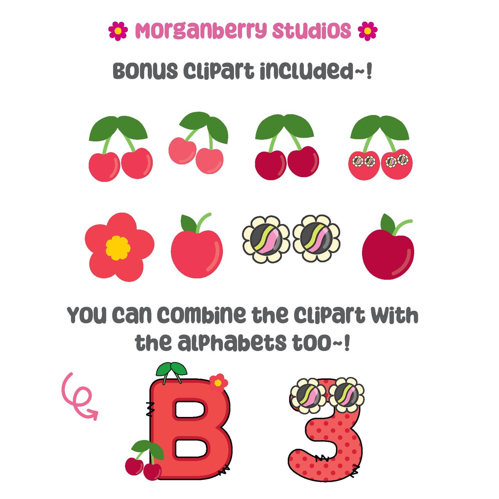 Cherry Alphabets, Cute Cherries Clipart, Cherry Doodle Letters ...