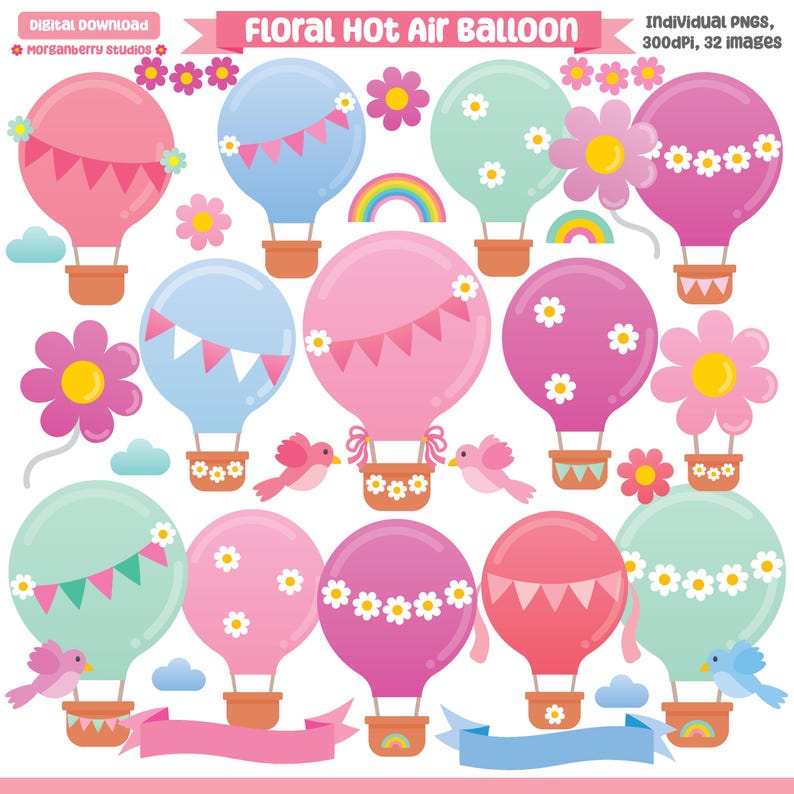 Wedding Hot Air Balloon Clipart, Retro Hot Air Balloon Clipart ...