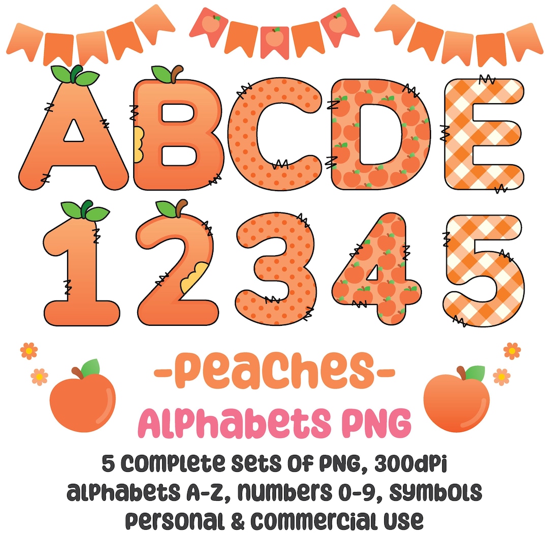 Peach Alphabet Letters A-Z, Peach Numbers 0-9, Peach Clipart, Fruit ...