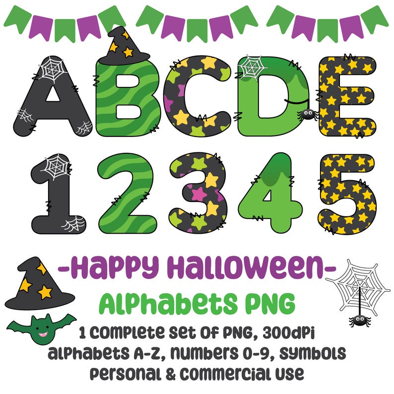 Halloween Witch Alphabet Clipart A-Z and 0-9, Halloween Doodle Letters ...